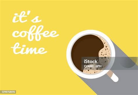 에스프레소 커피 컵 탑 뷰 커피 타임 텍스트 궁극의 회색 그림자로 배경을 밝게 합니다 포스터 플랫 스타일 벡터 일러스트레이션