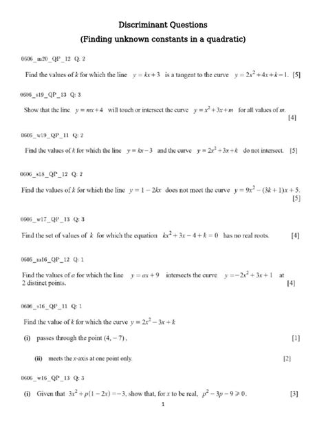 Discriminant Questions Quadratics Ig Pdf