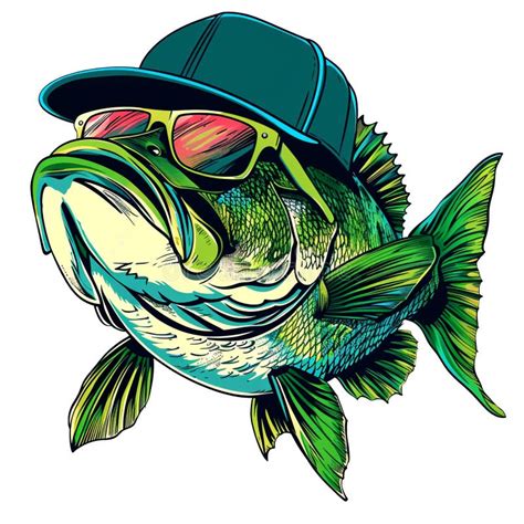 Funny Bass Fish Wearing Cap And Sunglasses In Style Of Watercolor