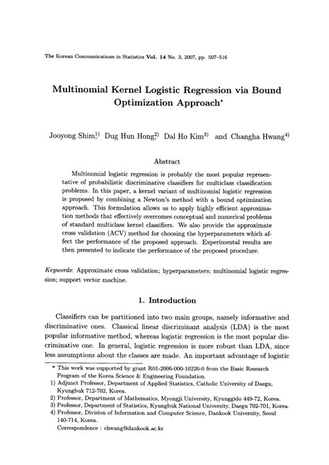 Pdf Multinomial Kernel Logistic Regression Via Bound Optimization