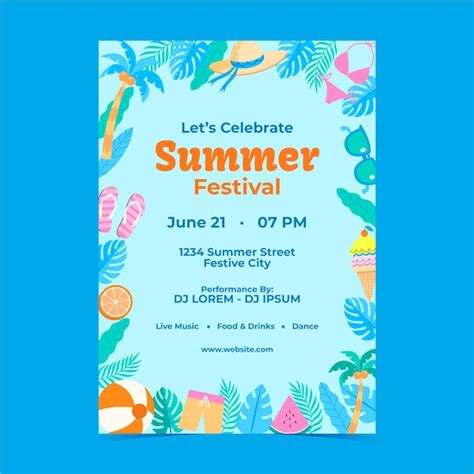 여름 시즌 플랫 축제 포스터 템플릿 무료 벡터