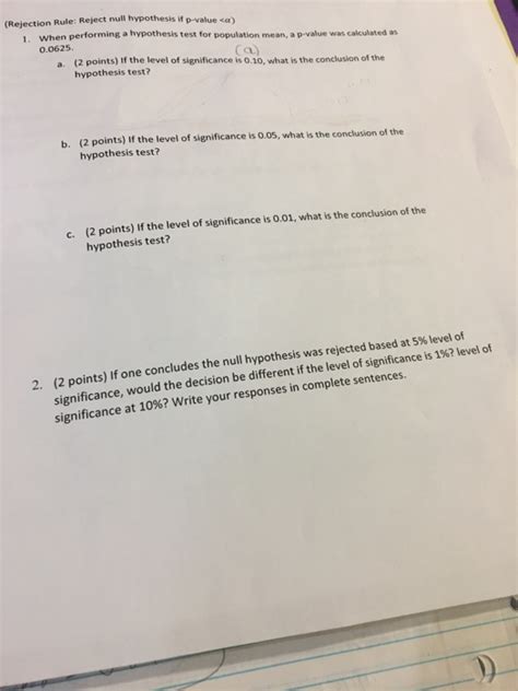 solved rejection rule reject null hypothesis if p value