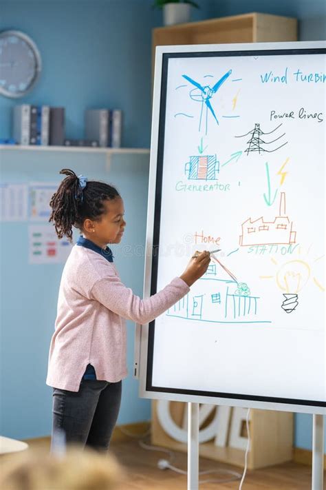 Elementary School Science Class Cute Girl Uses Interactive Digital Whiteboard To Show To A