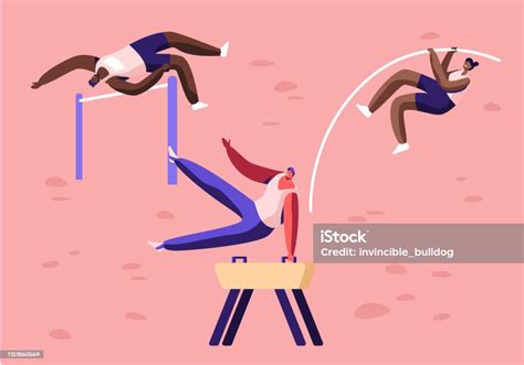 높은 점프 장벽을 넘어와 기둥 보관 말에 운동 올림픽 경기 스포츠 대회 챔피언십 전문 스포츠맨 및 스포츠 여성 활동 만화 편평한 벡터 일러스트 스포츠에 대한 스톡 벡터 아트