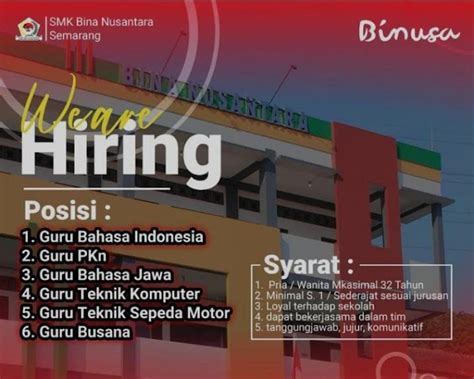 SMK Bina Nusantara Semarang Butuh Beberapa Guru Mapel