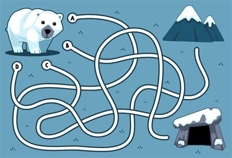 귀여운 만화 북극곰 산과 덴 인쇄 가능한 겨울 워크시트가 있는 어린이를 위한 미로 퍼즐 게임 프리미엄 벡터