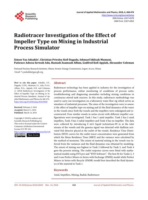 pdf radiotracer investigation of the effect of impeller type on mixing in industrial process