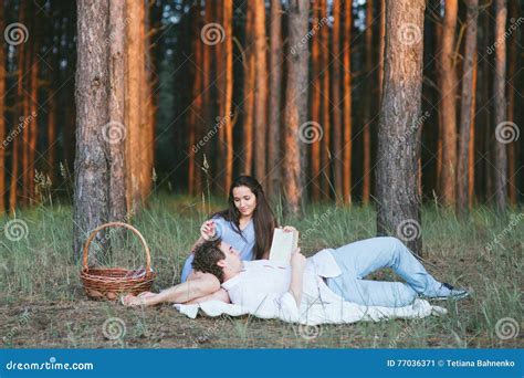Man Lies On A Lap At The Girl Stock Image Image Of Brunette Calm