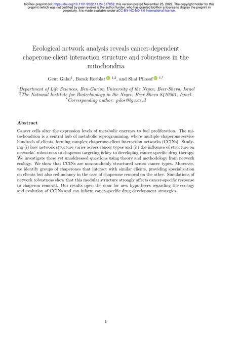 Pdf Ecological Network Analysis Reveals Cancer Dependent Chaperone