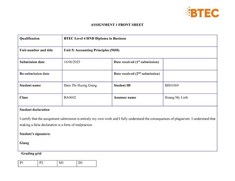 Giangdthbh 01069 Asm1 Ap Assignment 1 Front Sheet Qualification Btec