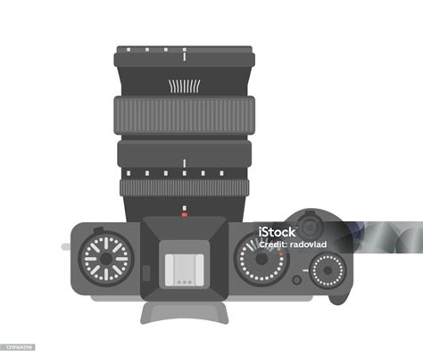 디지털 미러리스 카메라 렌즈가 있는 최고 보기 플랫 벡터 그림입니다 아름다운 클래식 은 Apsc 센서와 사진 및 4k 비디오를