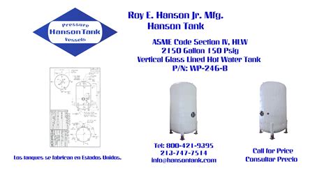 Wp246b 2150 Gallon Glass Lined Hot Water Tank Hanson Tank Asme Code