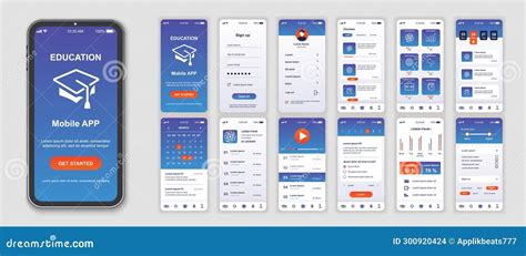 Education Mobile App Interface Screens Template Set Online Account Courses Lessons List