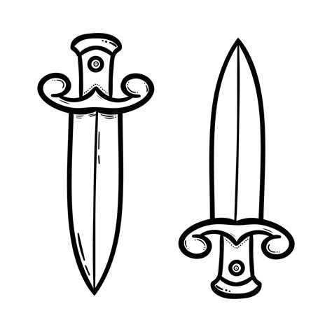 손으로 그린 칼 낙서 아이콘을 설정합니다 손으로 그린 검은 스케치 만화 기호에 서명합니다 장식 요소입니다 흰색 배경에 고립 평면 디자인 벡터 일러스트 레이 션