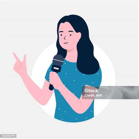 마이크에 말하는 뉴스 기자 여자 한 여성이 마이크를 손에 들고 있다 손 포인팅과 비즈니스 우먼 프리젠 테이션 기자 노래 쇼 플랫 벡터 일러스트레이션 여자에 대한 스톡 벡터