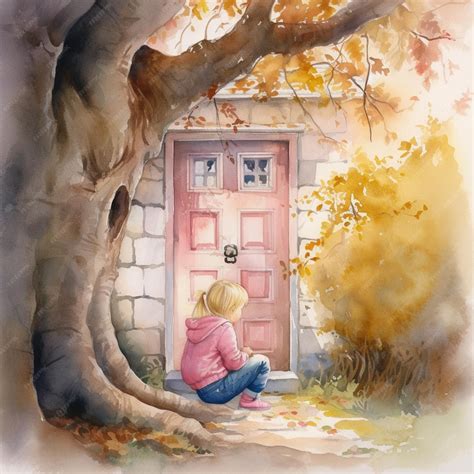 Premium Photo Painting Of A Girl Sitting In Front Of A Pink Door