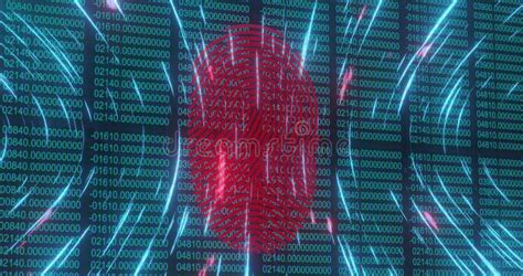 image of biometric fingerprint scanner and spinning light trails against binary coding stock