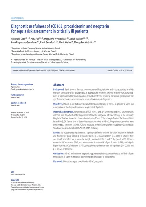 Pdf Diagnostic Usefulness Of Scd163 Procalcitonin And Neopterin For Sepsis Risk Assessment In