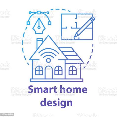스마트 홈 디자인 블루 그라데이션 개념 아이콘입니다 현대 주택 계획 아이디어 얇은 라인 일러스트 혁신적인 시스템으로 집 만들기 현대적인 주택 벡터 절연 선도선 도면 0명에