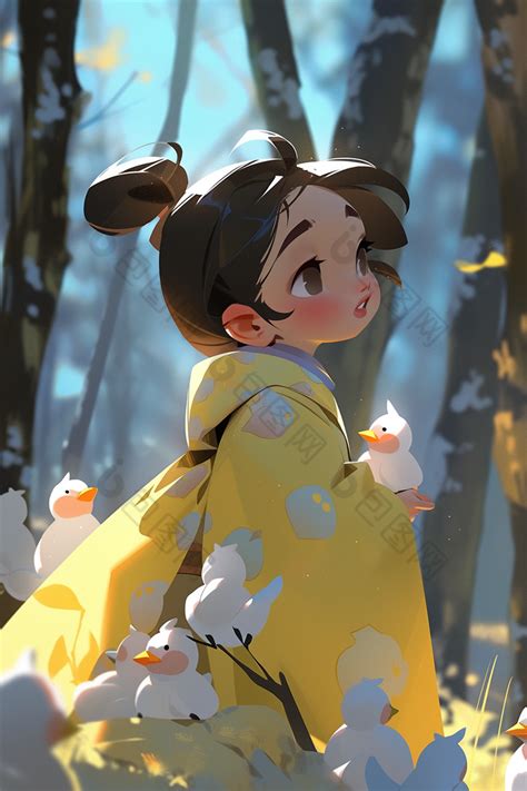 森林里的小女孩小鸟森林国风高清图片下载 包图网