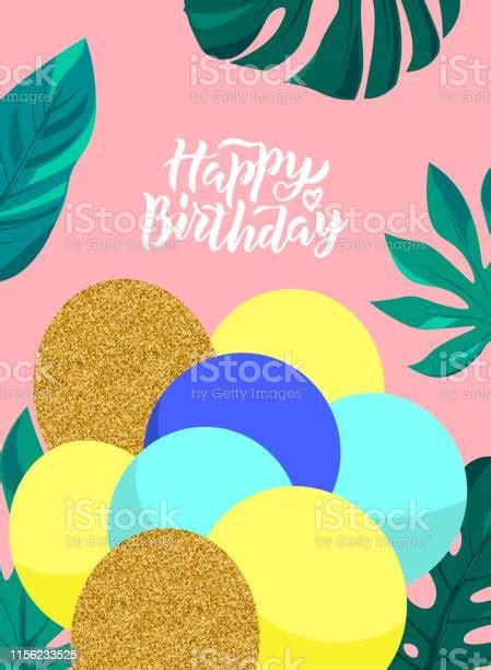생일 축하 손 문자 텍스트입니다 포스터 인사말 카드 배너 템플릿 풍선과 열대 잎 귀여운 벡터 일러스트 레이션 0명에 대한 스톡