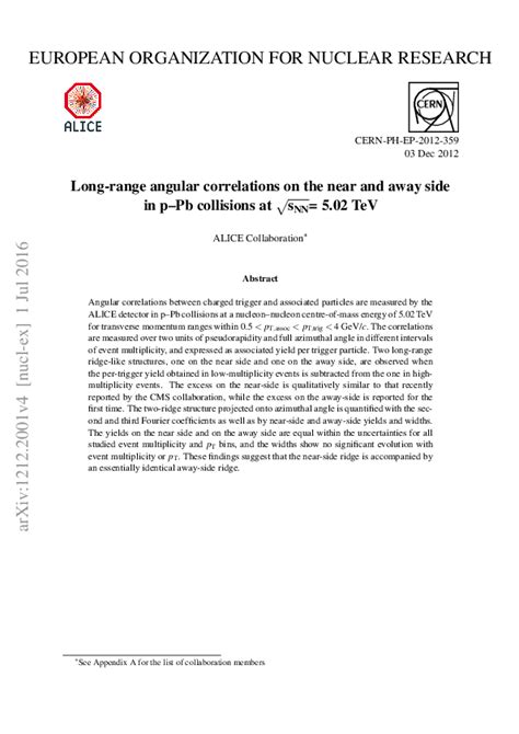 Pdf Long Range Angular Correlations On The Near And Away Side In Ppb Collisions At Snn502 Tev