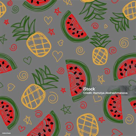 수박과 파인애플 매끄러운 패턴 손으로 그린 벡터 그림 펜 또는 마커 낙서 스케치 라인 아트 과일 실루엣 윤곽 그리기를 반복합니다