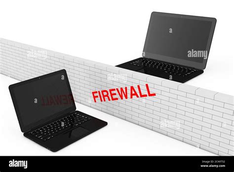 Firewall Concept Firewall Brick Wall Between Two Security Laptops On A White Background 3d