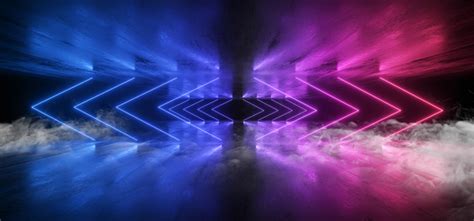 연기 네온 조명 공상 과학 소설 미래 화살표 모양의 활기찬 보라색 파란색 빛나는 그런 지 콘크리트 바닥 천장 지하 차고 터널 복도 어두운 빈 가상 3d 렌더링 0명에 대한