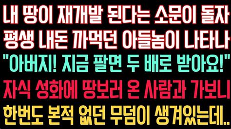 실화사연 내 땅 재개발 된다는 소문이 돌자 평생 내돈 까먹던 아들이 나타나 아버지 지금 팔면 두 배로 받아요” 성화에 땅보러 온 사람과 가보니 한번도 본 적 없는