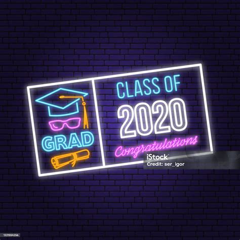 클래스 2020 네온 밝은 간판 라이트 배너 벡터 졸업 파티 포스터 전단지 조명 배너 졸업 디자인 에 대 한 템플릿 오두막 및