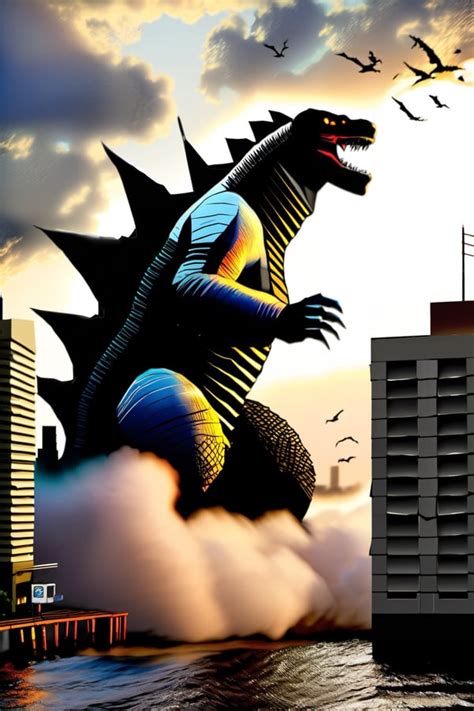 godzilla crashing through buil tensor art