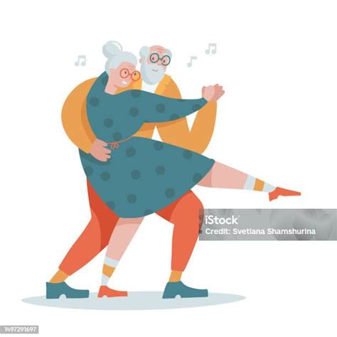 함께 탱고를 추는 노부부 플랫 만화 노인 남자와 여자가 복고풍 춤을 추고 있다 연금 개념에 할머니와 할아버지의 여가 벡터 손으로