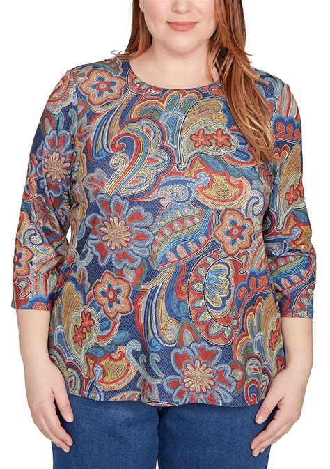 Alfred Dunner Plus Size Sunset Canyon Stitched Floral Batik Top Belk