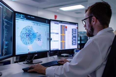 a researcher analyzing data on a large computer monitor ai generated premium ai generated image