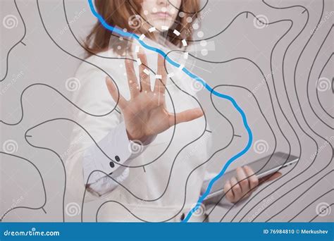 Geographic Information Systems Concept Woman Scientist Working With Futuristic GIS Interface On