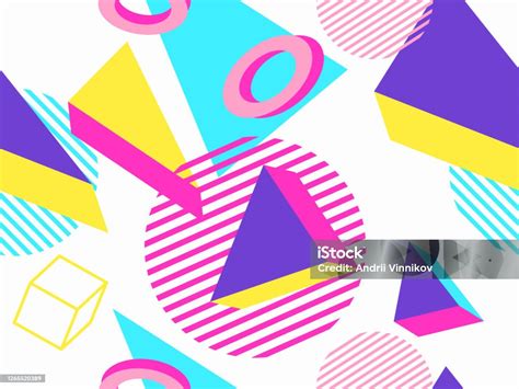 80 년대 스타일의 3d 기하학적 원활한 패턴 3d 등각 삼각형 사각형 및 원 홍보 제품 포장지 및 인쇄배경 벡터 일러스트레이션 기하 도형에 대한 스톡 벡터 아트 및 기타