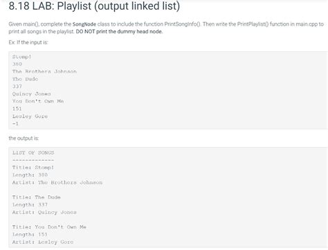 solved 8 18 lab playlist output linked list given main