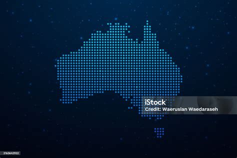 미래 지향적인 스타일의 호주 점선 지도 별 선 점으로 만든 빛나는 윤곽선 통신 진한 파란색 배경에 인터넷 기술 개념 호주에 대한 스톡 벡터 아트 및 기타 이미지 Istock