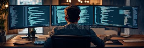 rear view of a software developer working on multiple screens in a home