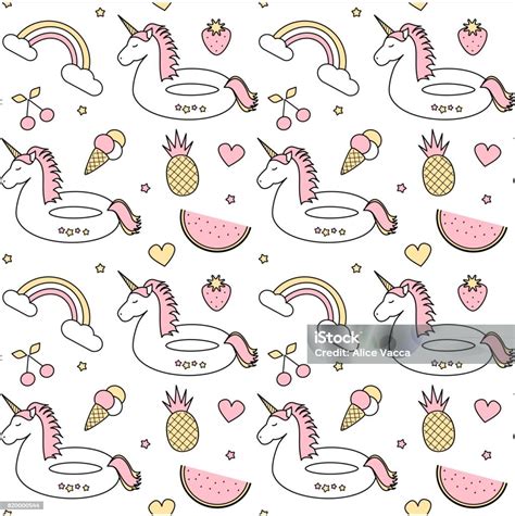 플 로트 유니콘 레인 보우 아이스 크림 파인애플 체리 딸기 마음과 스타와 귀여운 다채로운 원활한 벡터 패턴 배경 그림 수영장