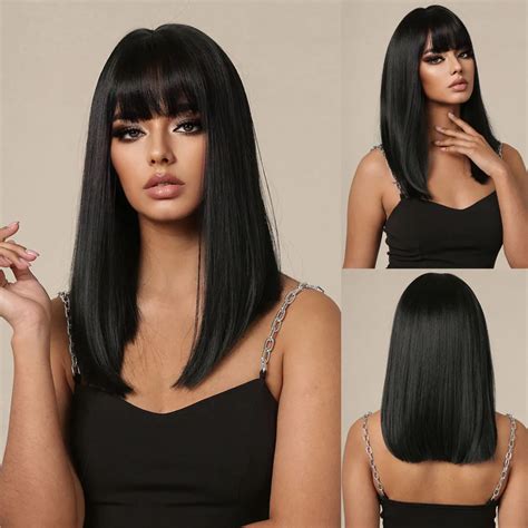 Straight Black Bob Synthetic Wig With Bangs Medium Long Cosplay Layered