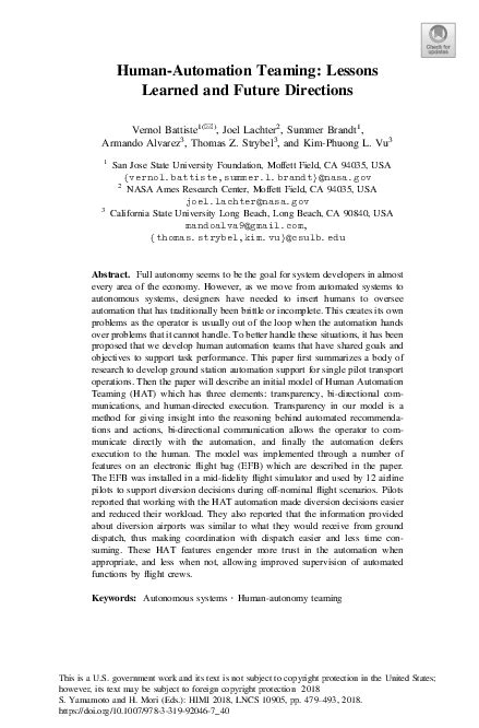 Pdf Human Automation Teaming Lessons Learned And Future Directions