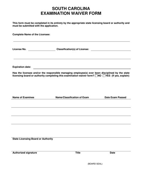 South Carolina South Carolina Examination Waiver Form Fill Out Sign