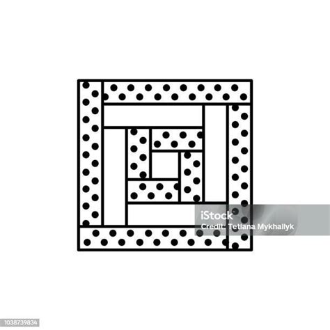 프레임된 사각 또는 로그 캐빈 퀼트 패턴의 블랙 화이트 벡터 일러스트 선 퀼트 및 패치워크 기하학적 디자인 서식 파일의 아이콘입니다 흰색 배경에 고립 0명에 대한 스톡 벡터