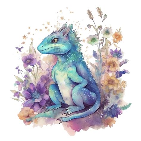 Premium Ai Image Fantasy Watercolor Floral Lizard Illustration