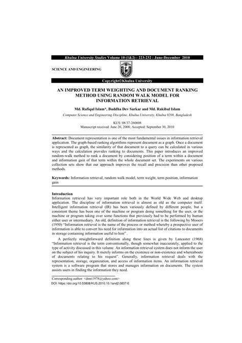 Pdf An Improved Term Weighting And Document Ranking Method Using Random Walk Model For