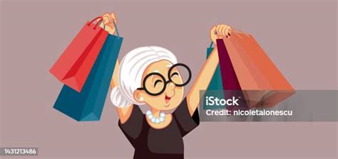 행복한 쾌활한 시니어 여성 쇼핑백 벡터 일러스트 레이 션을 들고 쇼핑에 대한 스톡 벡터 아트 및 기타 이미지 쇼핑 노인