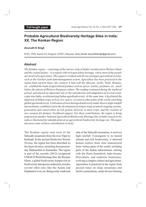 Pdf Singh Anurudh K 2014 Probable Agricultural Biodiversity Heritage Sites In India Xx The