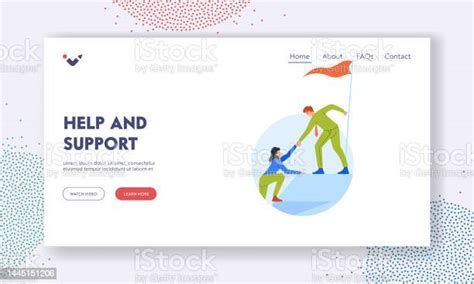 도움말 및 지원 방문 페이지 템플릿 비즈니스 리더 캐릭터는 동료가 붉은 깃발로 갈라진 틈의 꼭대기로 올라갈 수 있도록 도와줍니다 아이디어에 대한 스톡 벡터 아트 및 기타